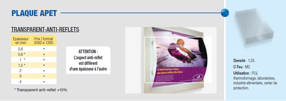Plaque APET transparent anti-reflets Marpet afs